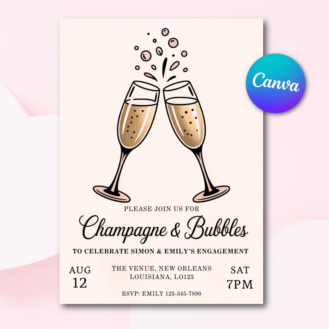 Champagne & Bubbles Engagement Invitation | Editable Canva Template ...