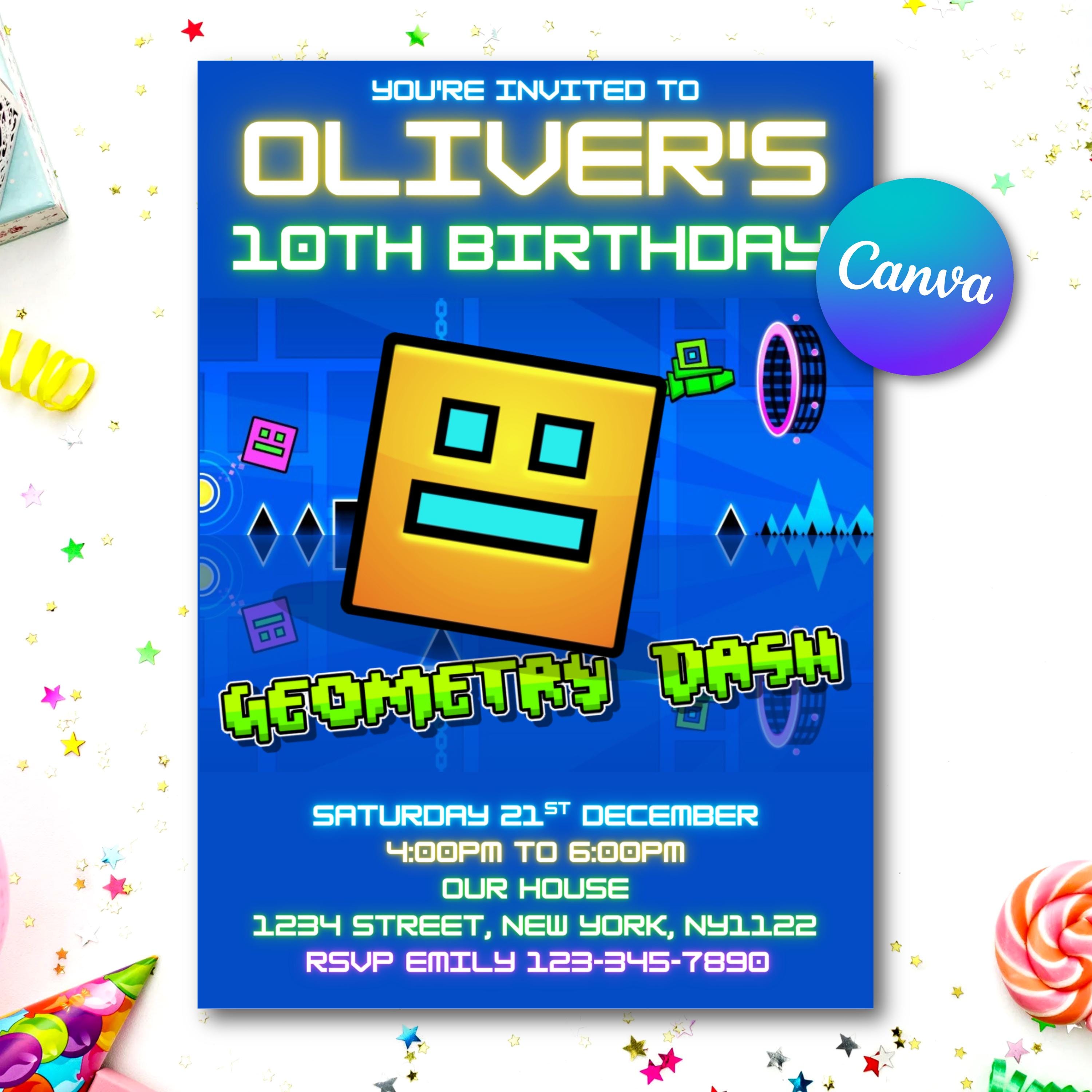 Editable Geometry Dash Birthday Invitation, Neon Blue Design (digital ...