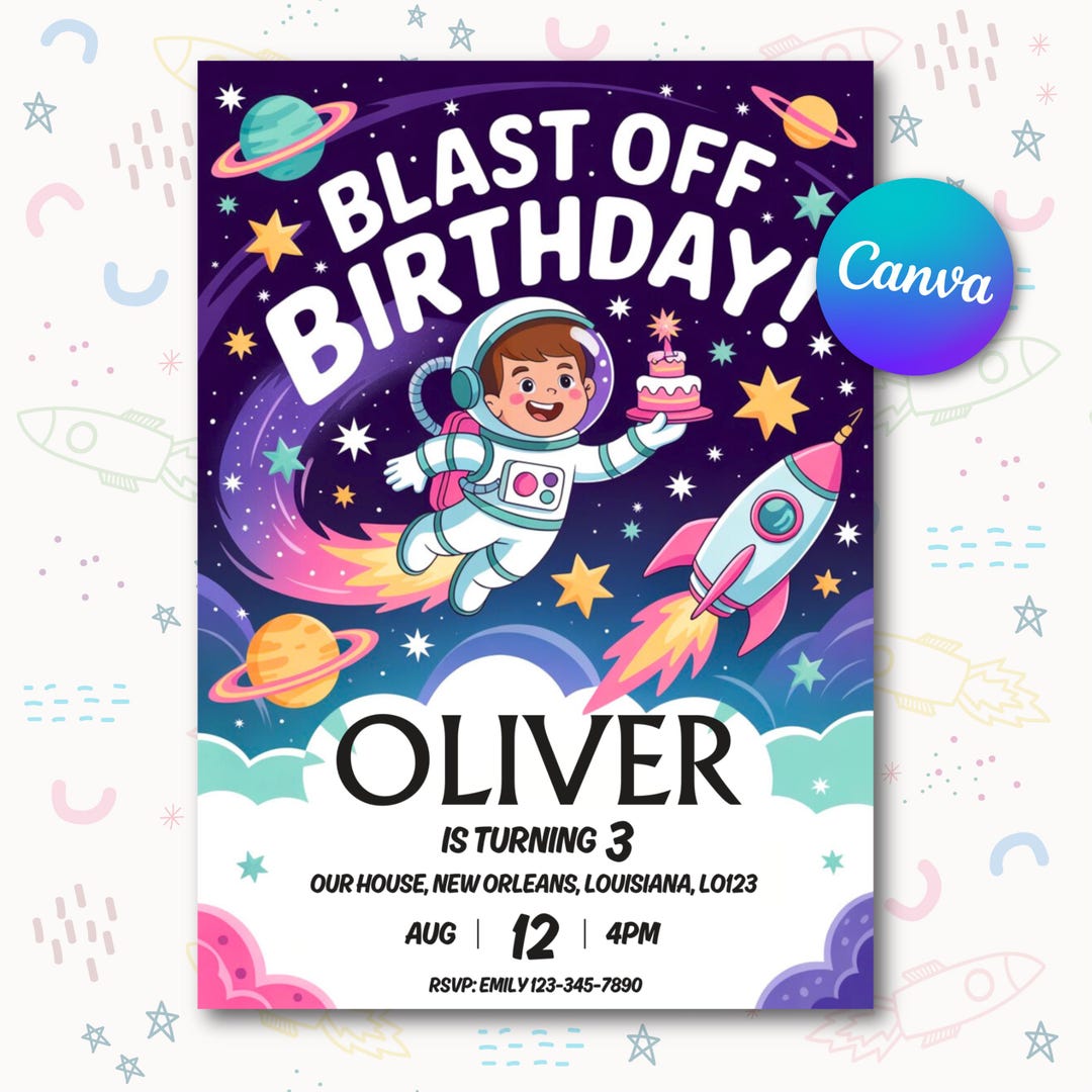 Astronaut Birthday Invitation: Space Rocket Party (editable Canva ...