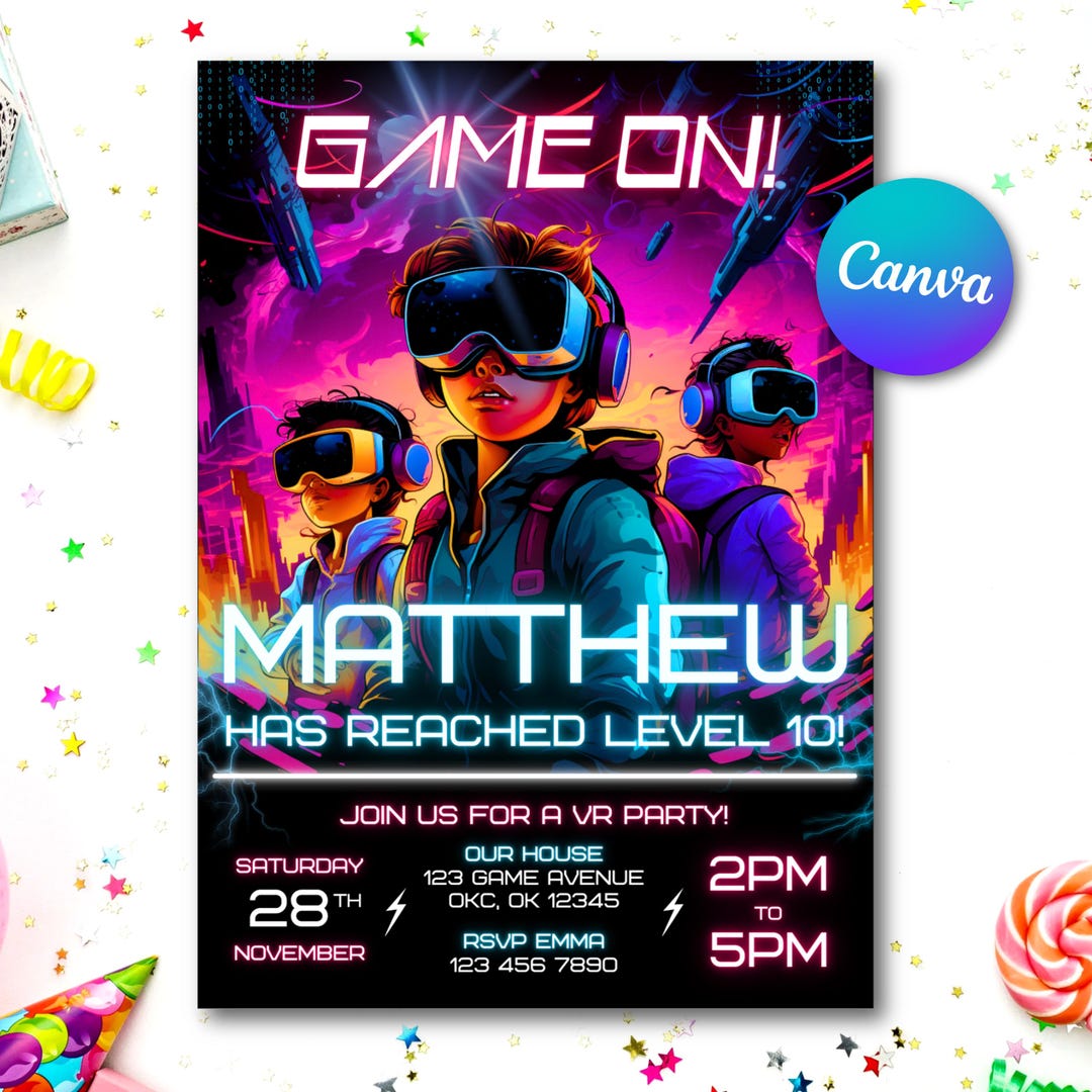 VR Gaming Birthday Invitation: Neon Cyberpunk Party, Editable Canva ...