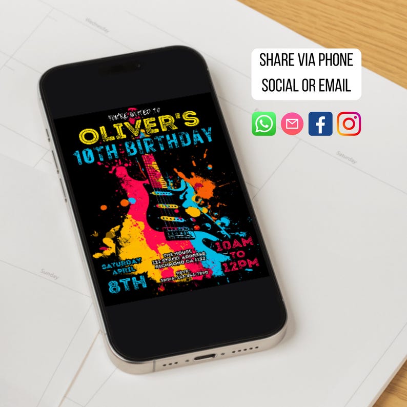 Editable Guitar Birthday Invitation Neon Rock Music Theme Party Invite ...