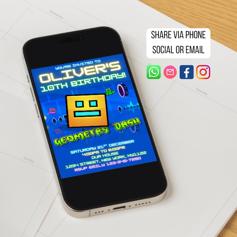 Editable Geometry Dash Birthday Invitation, Neon Blue Design (digital ...