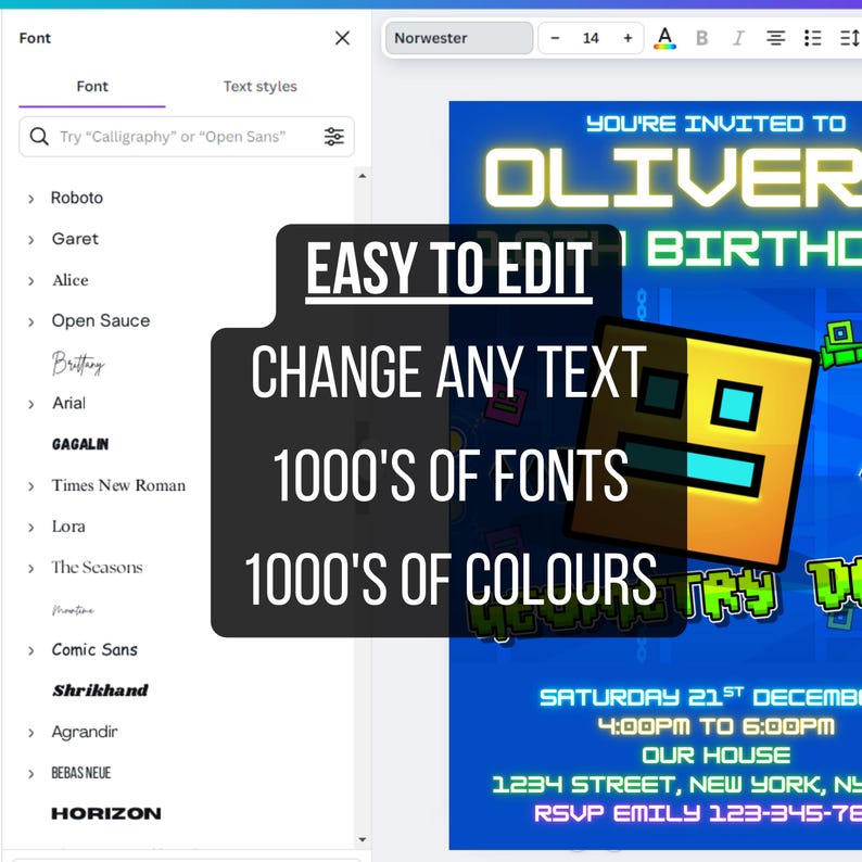 Editable Geometry Dash Birthday Invitation, Neon Blue Design (digital ...