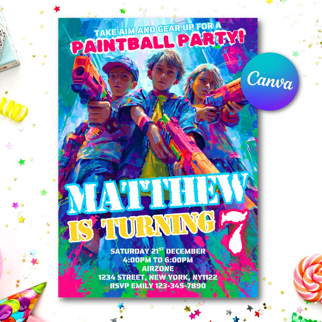 Editable Paintball Party Invitation for Kids, Colorful Any Age Birthday ...