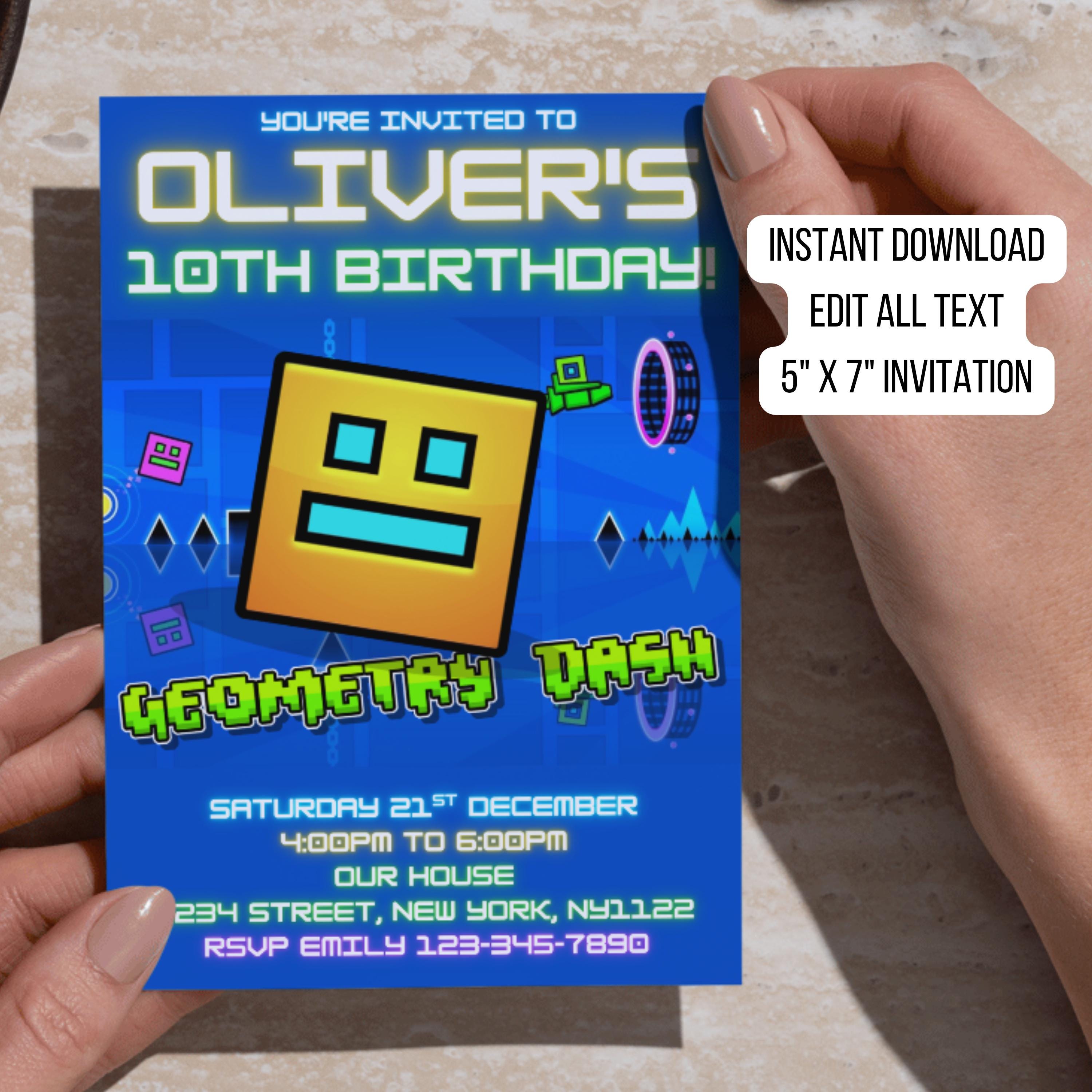 Editable Geometry Dash Birthday Invitation, Neon Blue Design (digital ...