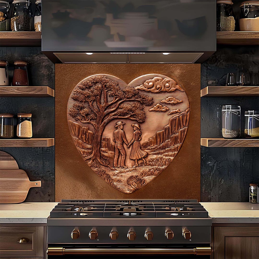Tempered Glass Backsplash, Copper Look Cowboy Couple Heart Backsplash ...
