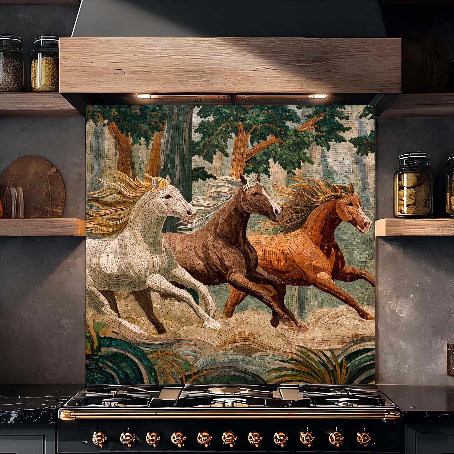 Tempered Glass Backsplash, Running Horses Mosaic Stained Glass ...