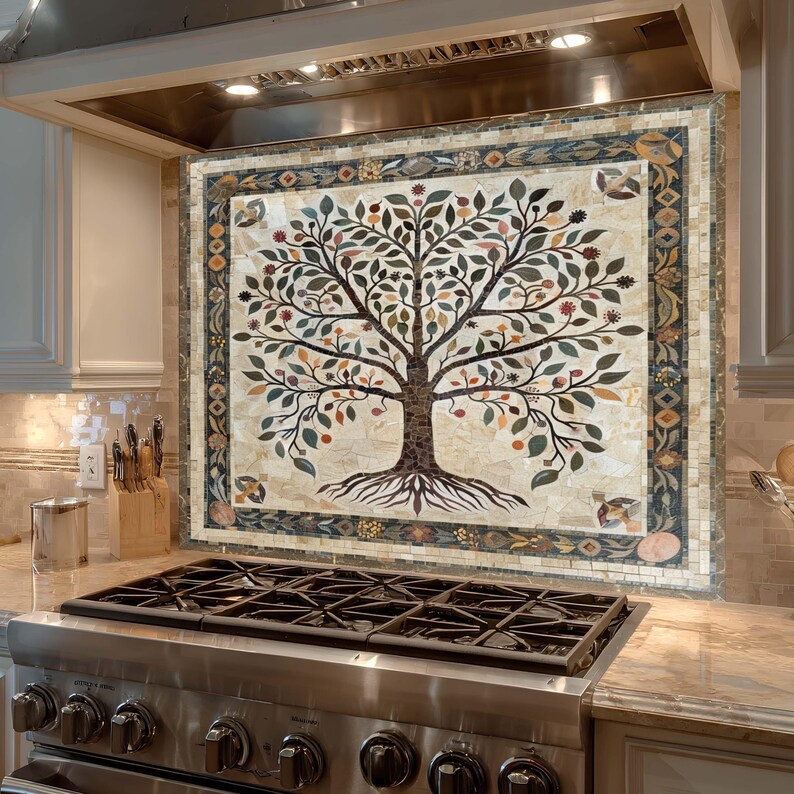 Tempered Glass Backsplash, Mosaic Tree of Life With Roots Backsplash ...