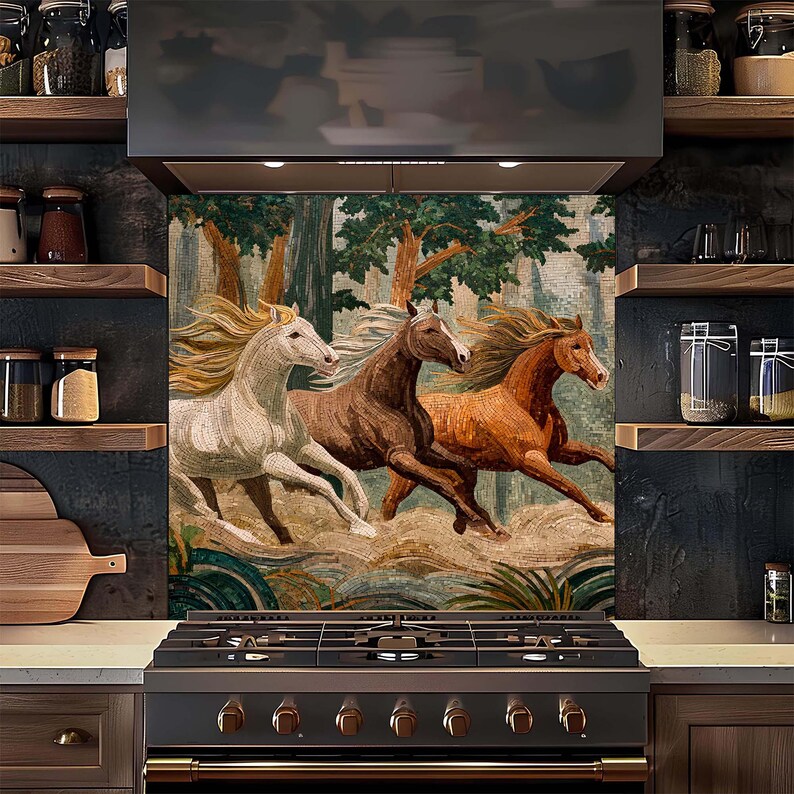 Tempered Glass Backsplash, Running Horses Mosaic Stained Glass ...