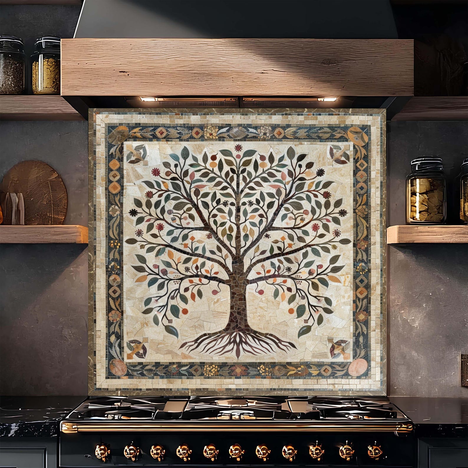 Tempered Glass Backsplash, Mosaic Tree of Life With Roots Backsplash ...