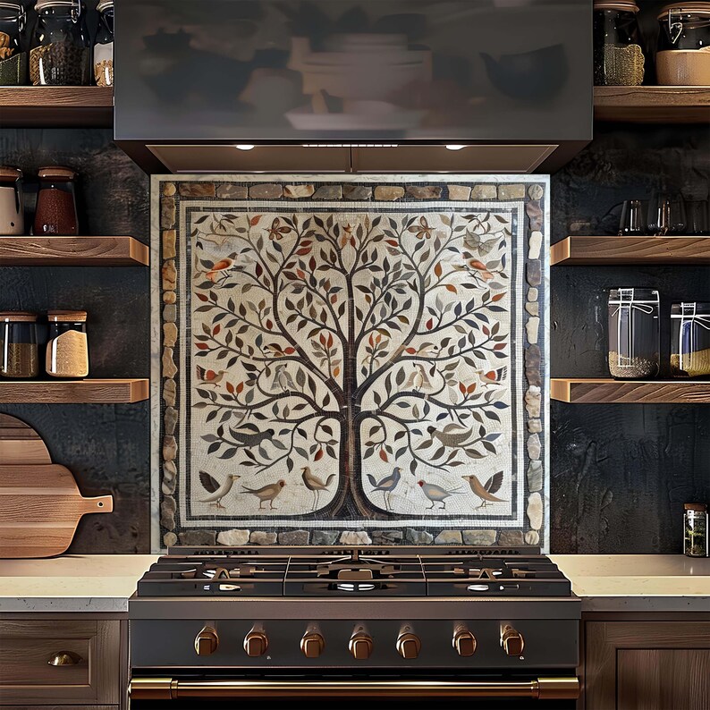 Mosaic Tree of Life Tempered Glass Backsplash: Kitchen Art - Etsy