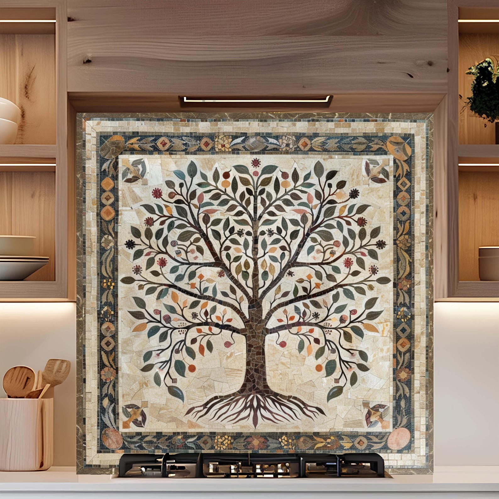 Tempered Glass Backsplash, Mosaic Tree of Life With Roots Backsplash ...
