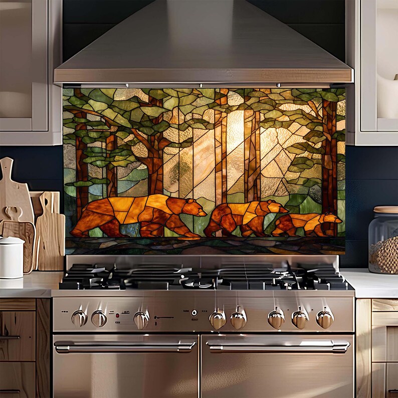 Tempered Glass Backsplash, Bear Family Stained Glass Backsplash, Rustic ...