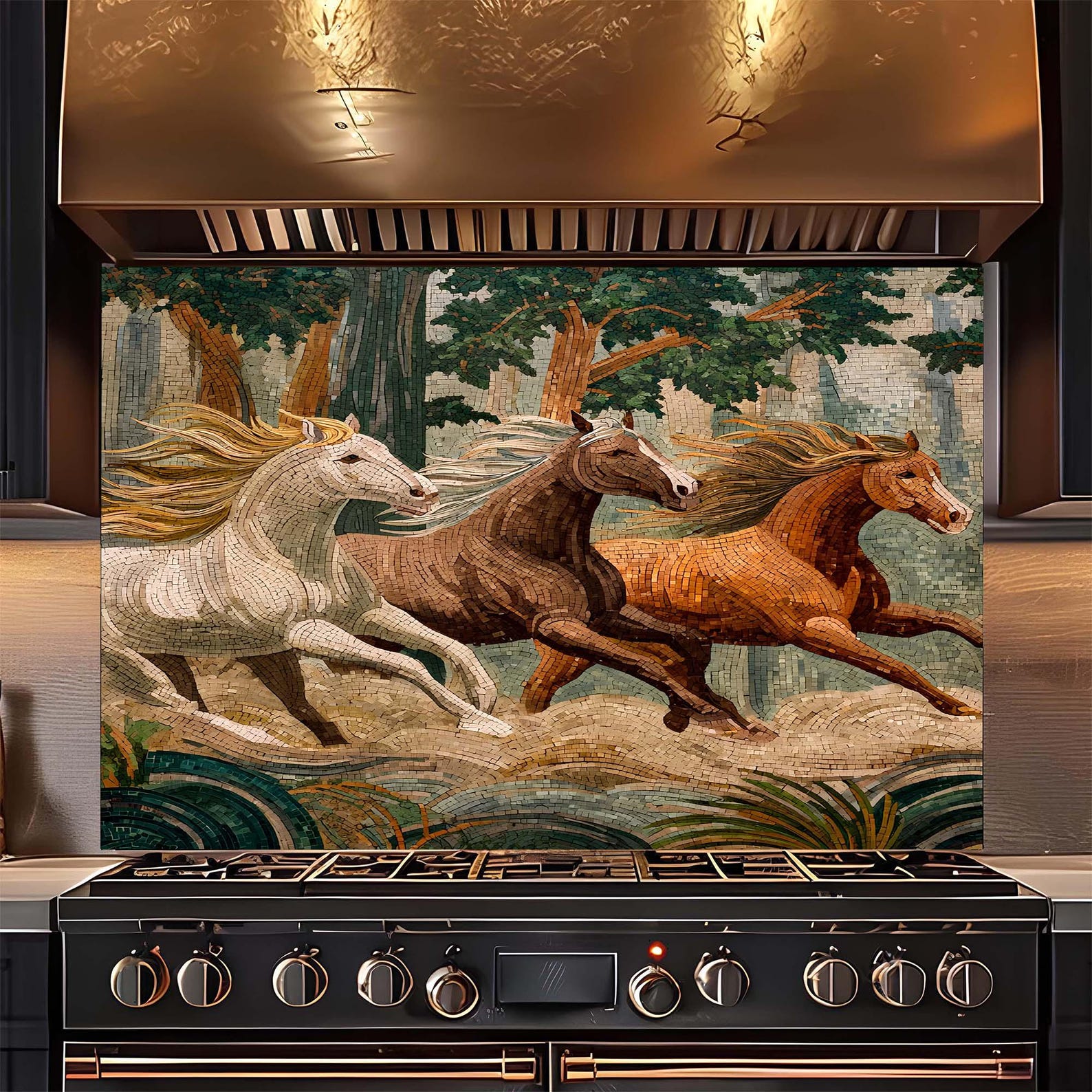 Tempered Glass Backsplash, Running Horses Mosaic Stained Glass ...