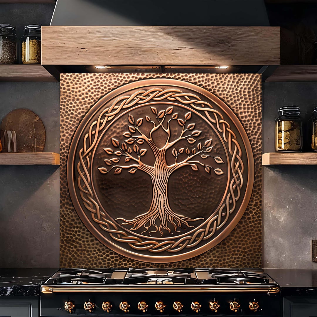Hammered Copper Tree of Life Tempered Glass Backsplash - Etsy