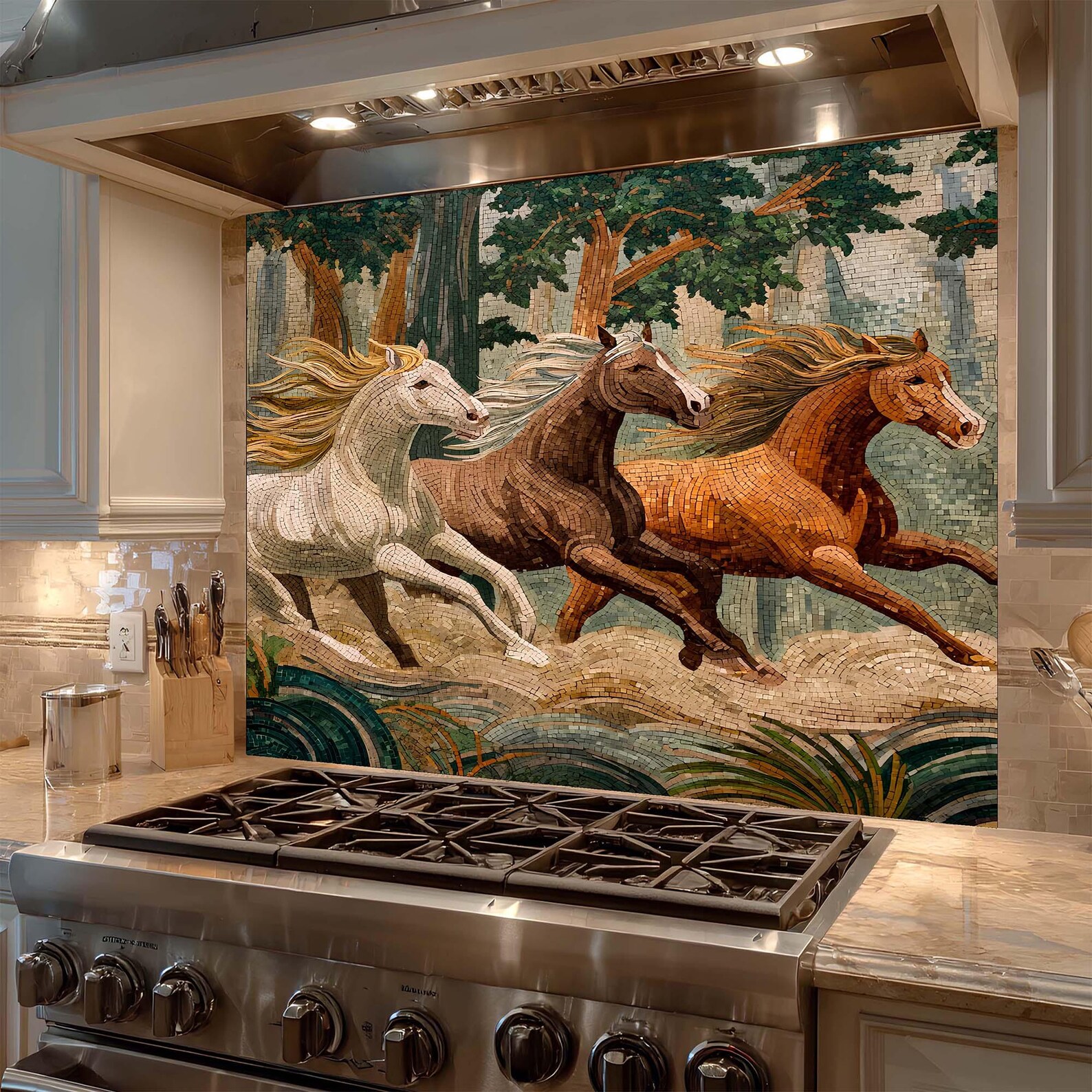 Tempered Glass Backsplash, Running Horses Mosaic Stained Glass ...