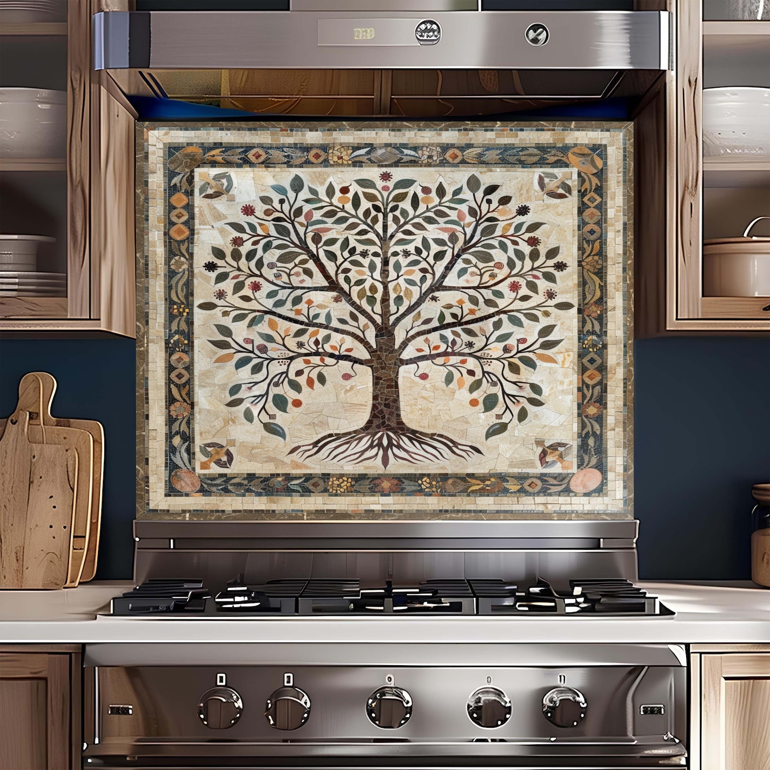 Tempered Glass Backsplash, Mosaic Tree of Life With Roots Backsplash ...