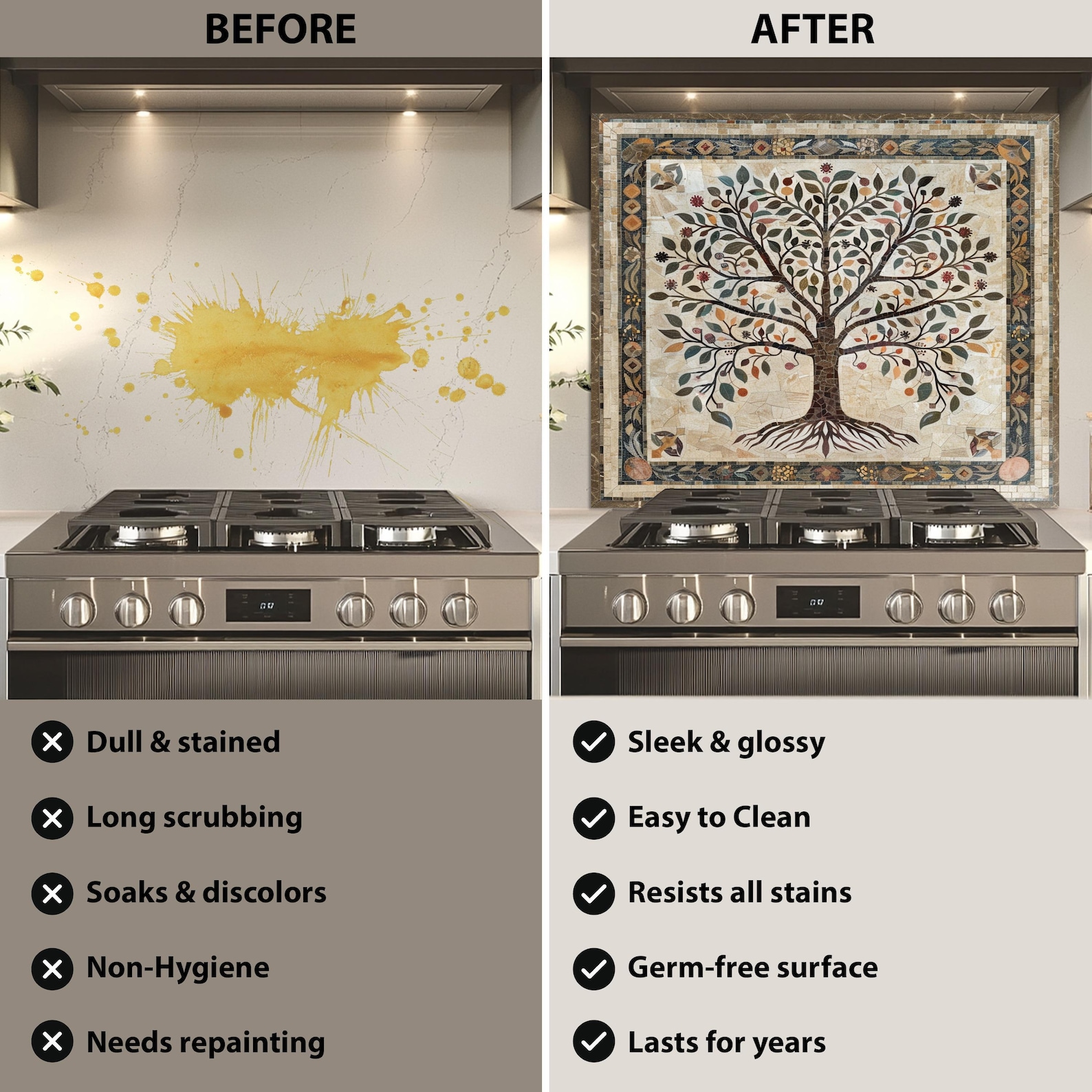 Tempered Glass Backsplash, Mosaic Tree of Life With Roots Backsplash ...