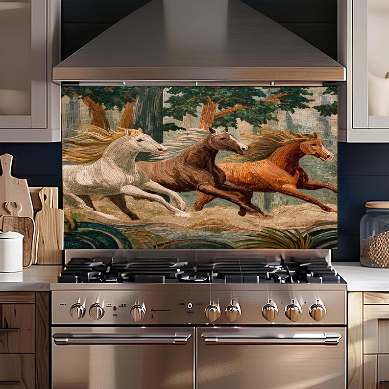 Tempered Glass Backsplash, Running Horses Mosaic Stained Glass ...