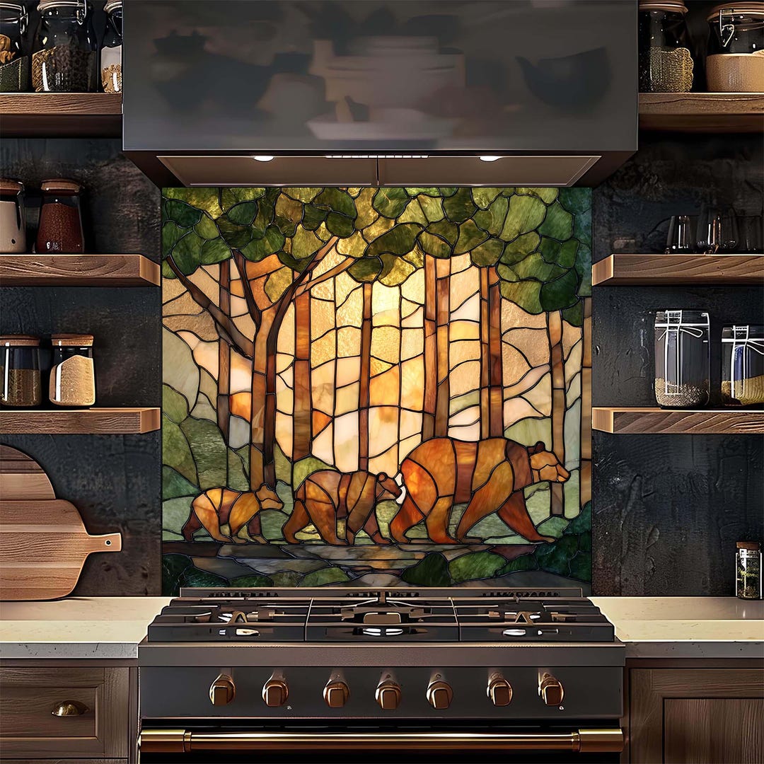 Tempered Glass Backsplash, Bear Family Stained Glass Look Backsplash ...