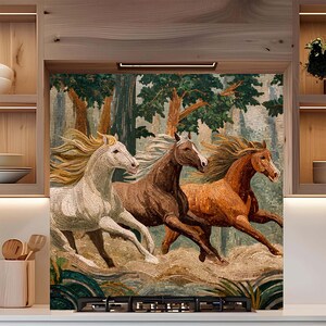 Tempered Glass Backsplash, Running Horses Mosaic Stained Glass ...