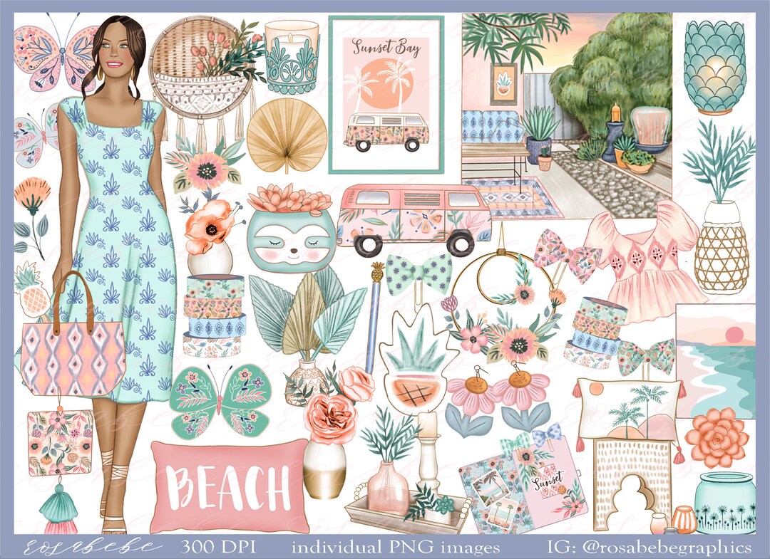 Summer Clipart Beach Digital Art Stickers Beach Tropical Wall Art ...