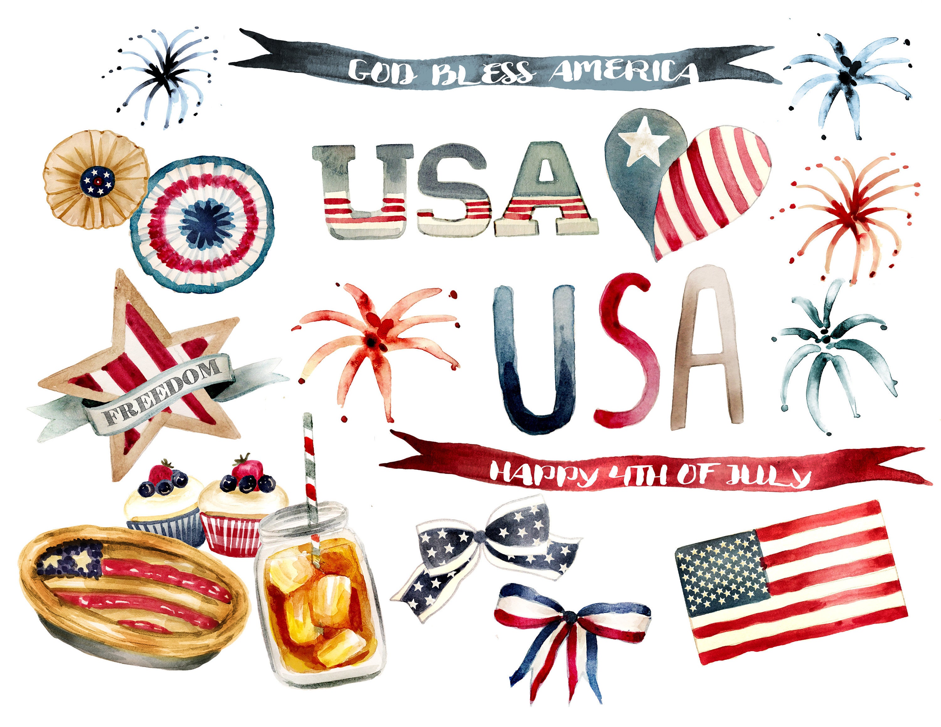 WATERCOLOR Patriotic Clipart, 4th July Clipart, Usa Flag, Independence ...