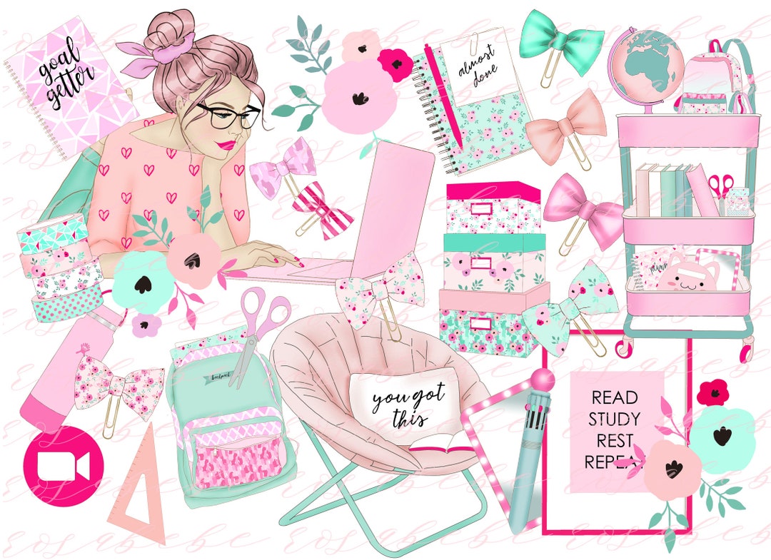 Girly School Supplies Clipart – Pink Planner Stickers, Teacher PNG Set ...