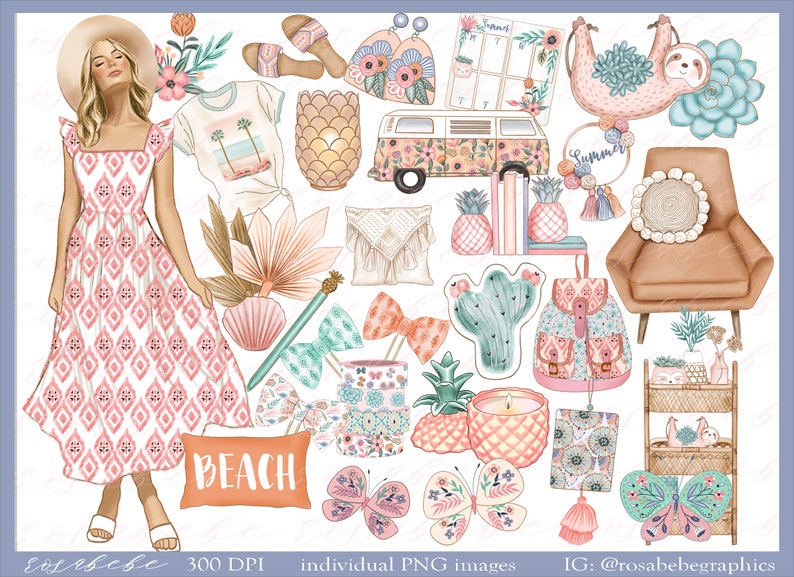 Summer Beach Clipart PNG Set: Coastal Boho Graphics (digital Download ...