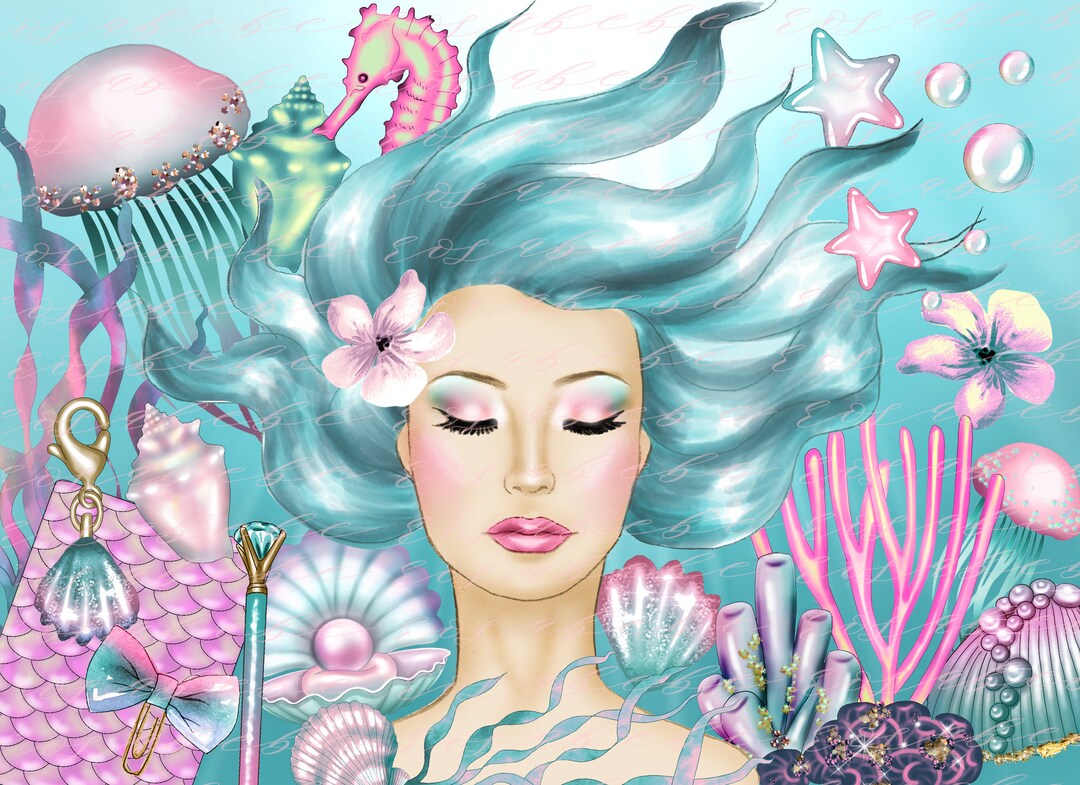 Ocean PNG Set – Beach, Mermaid, Sea Shells, Coastal, Teal, Purple ...