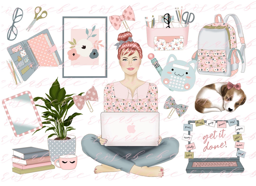 Girly School Supplies Clipart Set – Pink Teacher Planner Graphics (PNG ...