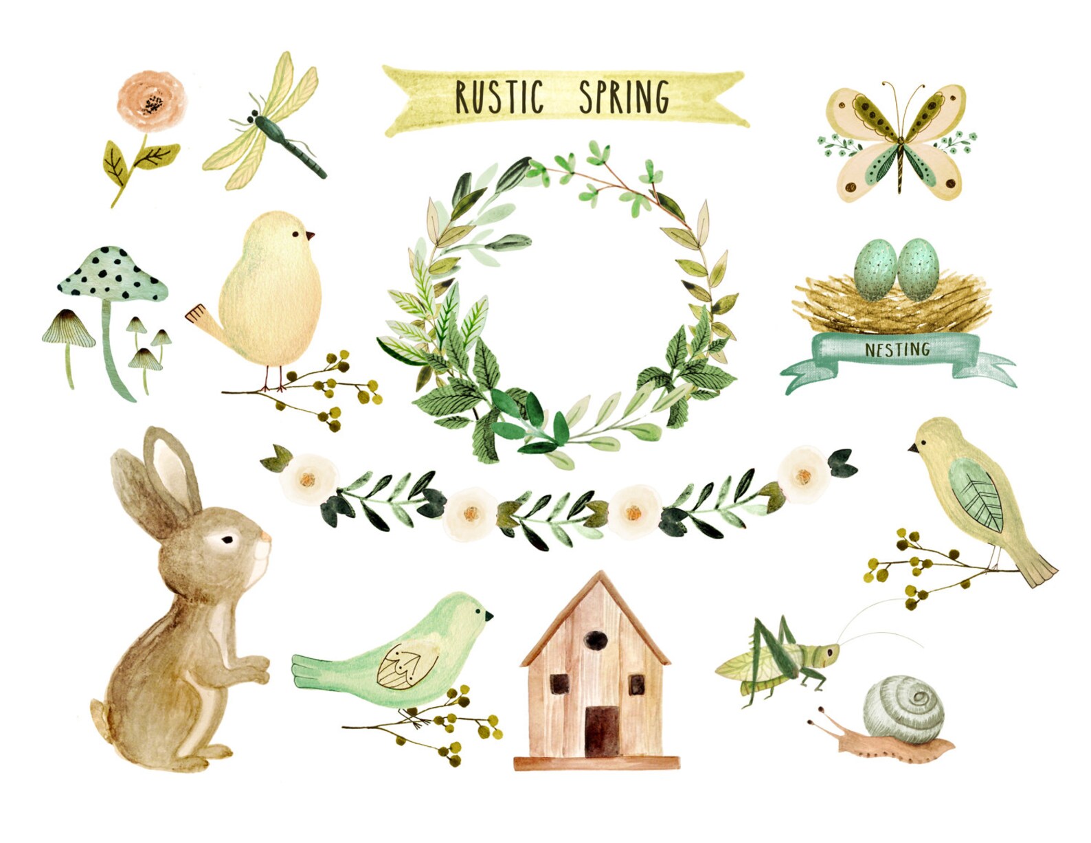 Watercolor bunny floral clipart spring clipart rustic | Etsy