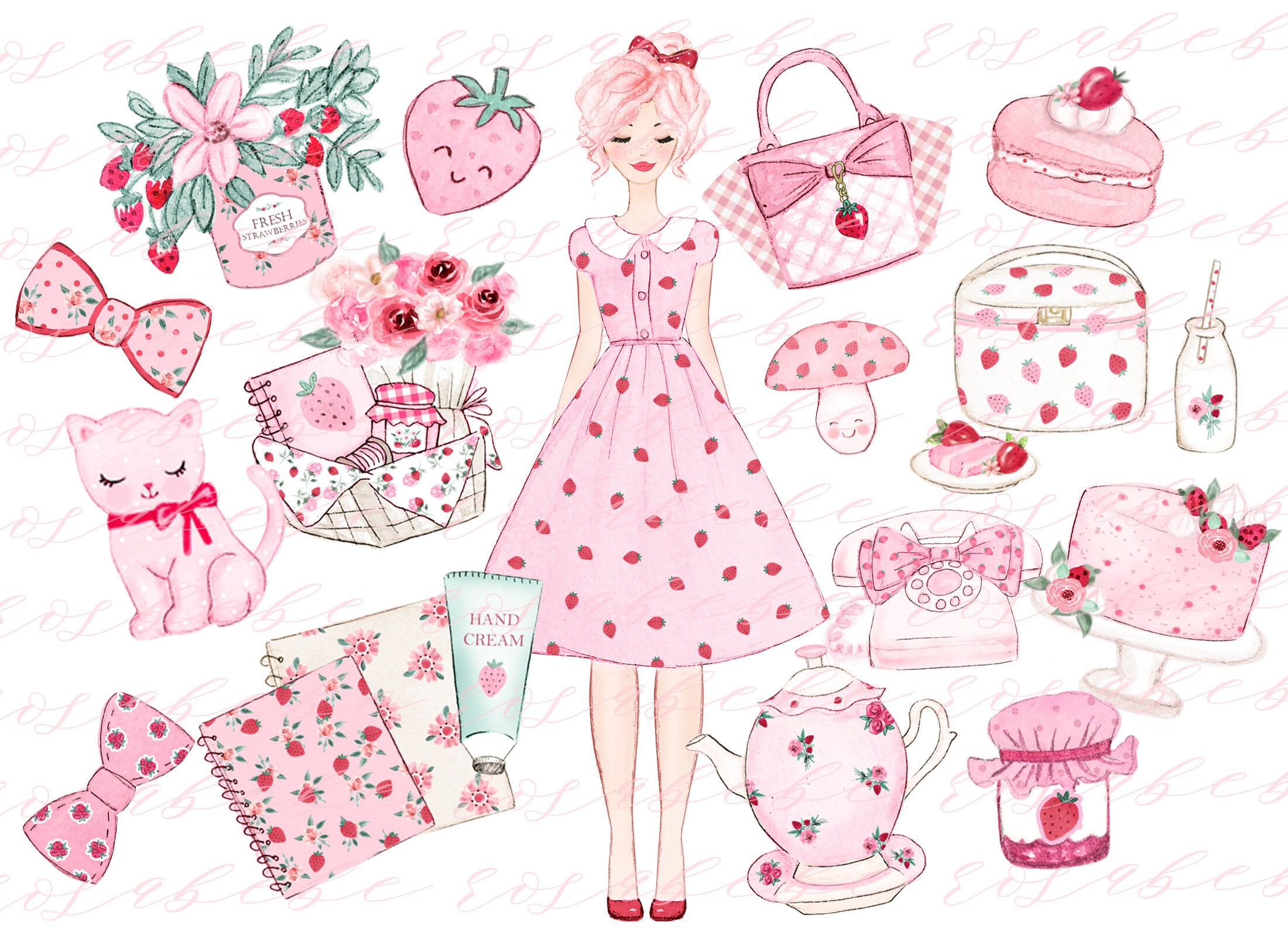 Strawberry Coquette PNG Set: Spring Watercolor Clipart (digital ...