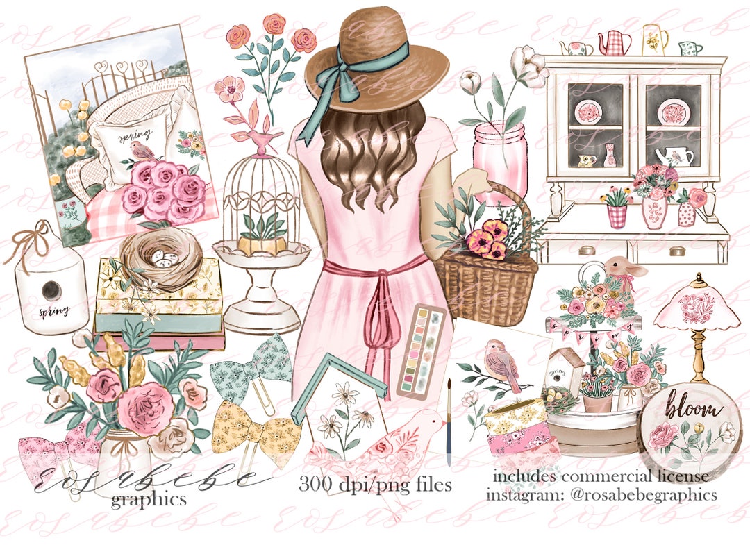 Cottagecore Spring Floral PNG Clipart Set: Vintage Pink Florals ...