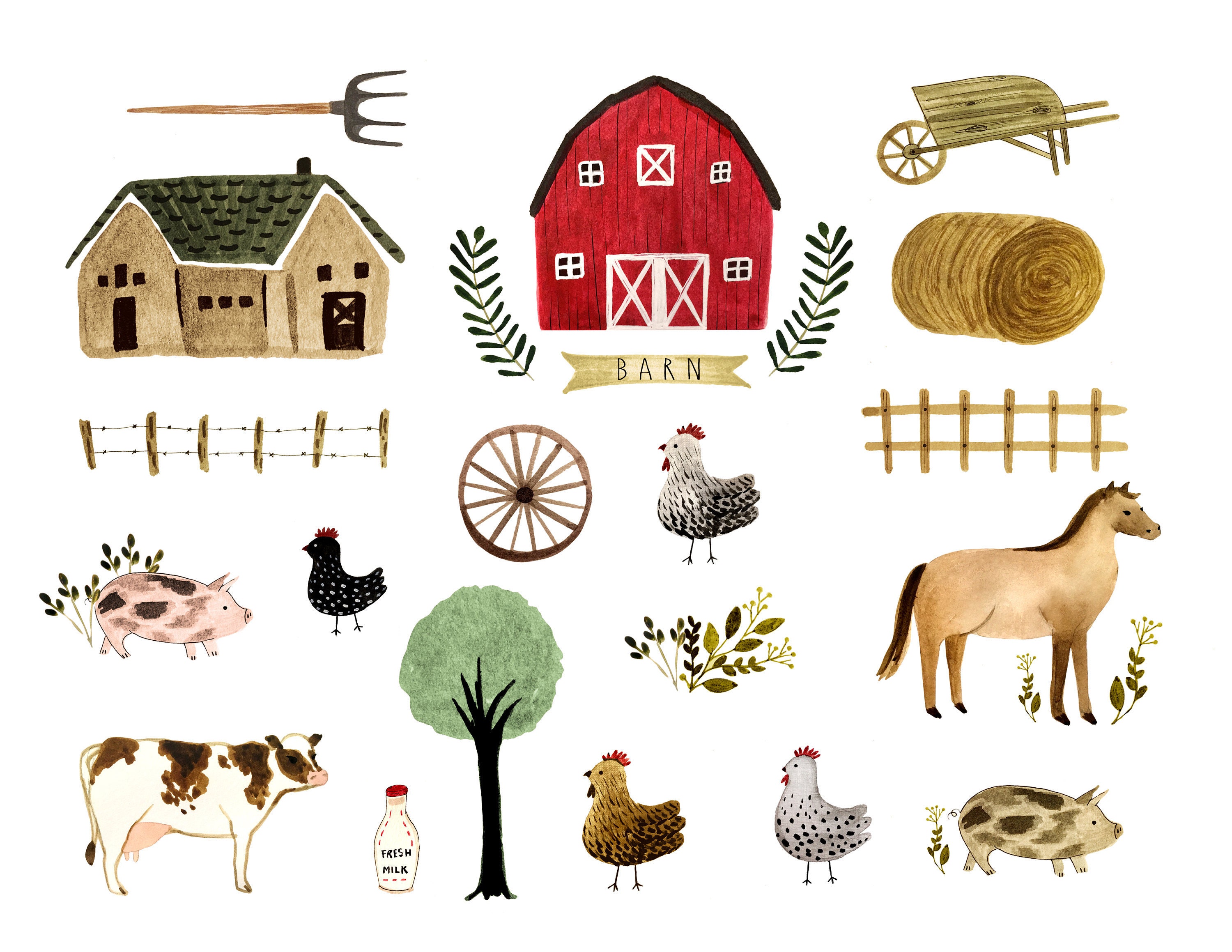 Farm clipart barn clipart cow clipart horse clipart | Etsy