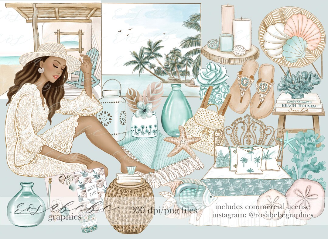 Summer Clipart Beach Digital Art Stickers Beach Tropical Wall Art ...