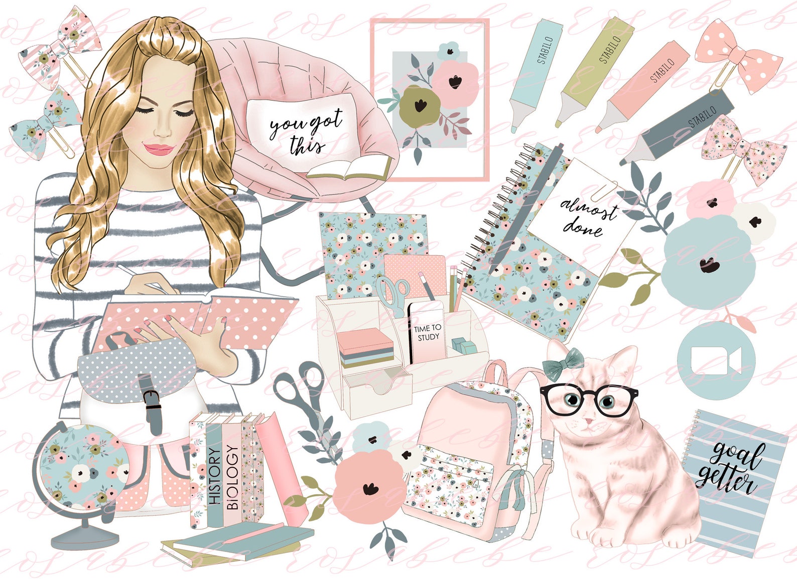 Girly School Supplies Clipart Set - Pink Bow Planner Graphics (PNG) - Etsy