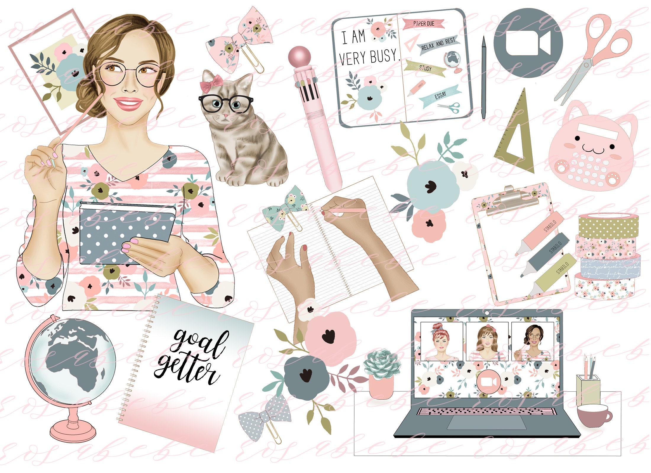 Girly School Supplies Clipart – Pink Bows, Teacher Planner (PNG Set) - Etsy
