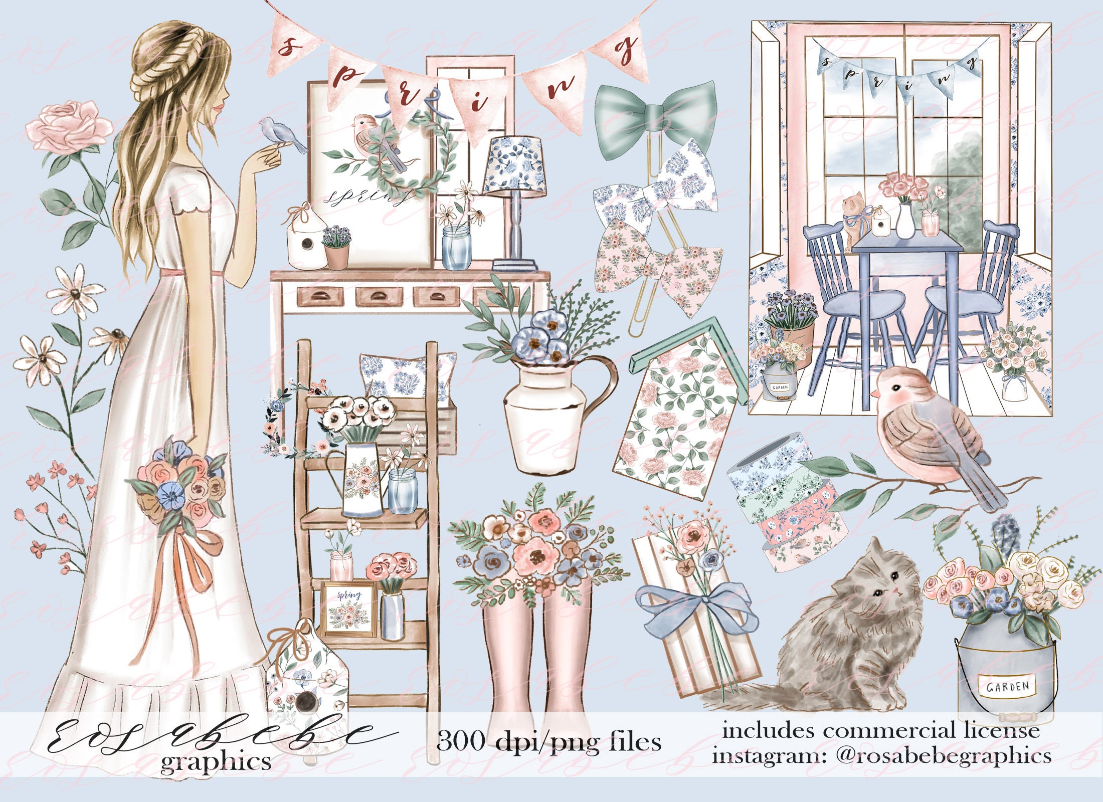 Cottagecore Spring Floral PNG Clipart Set: Watercolor Stickers (digital ...