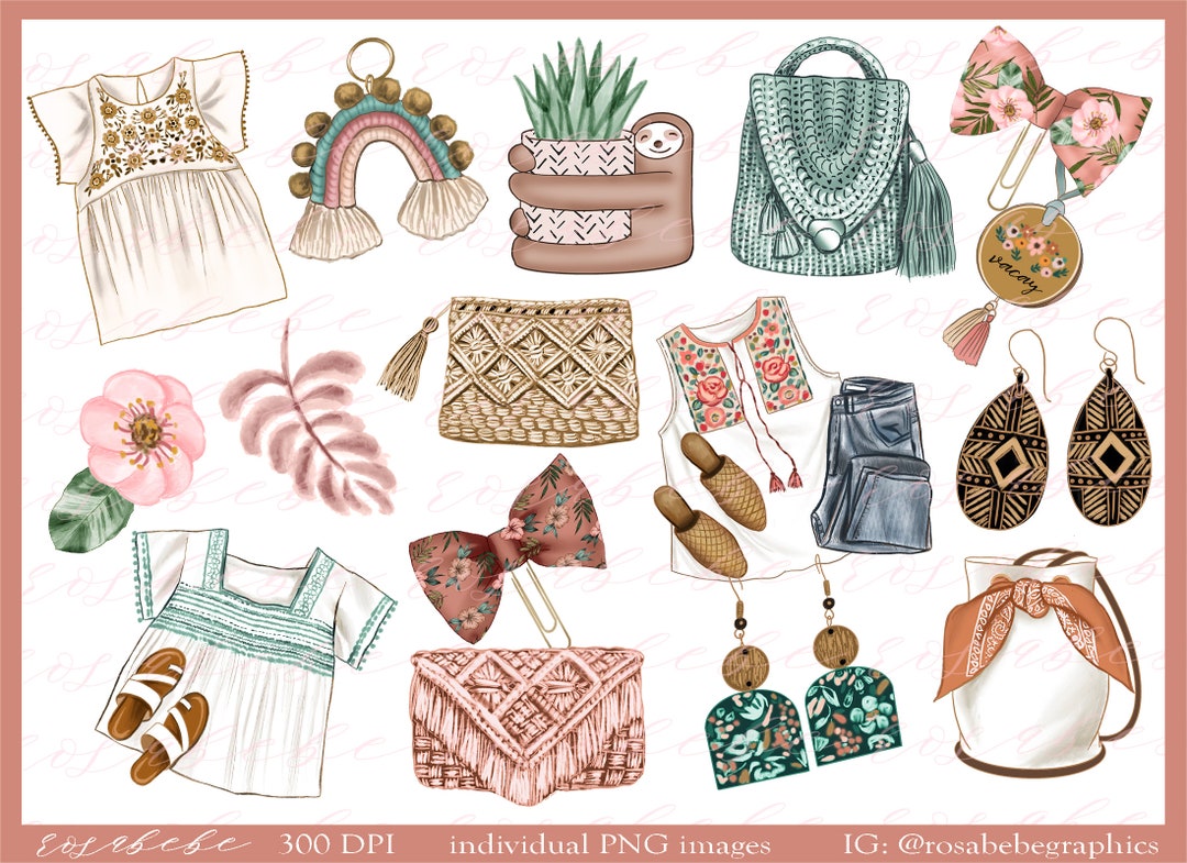 Summer Boho Clipart PNG Set: Beach, Coastal, Resort (digital Stickers ...