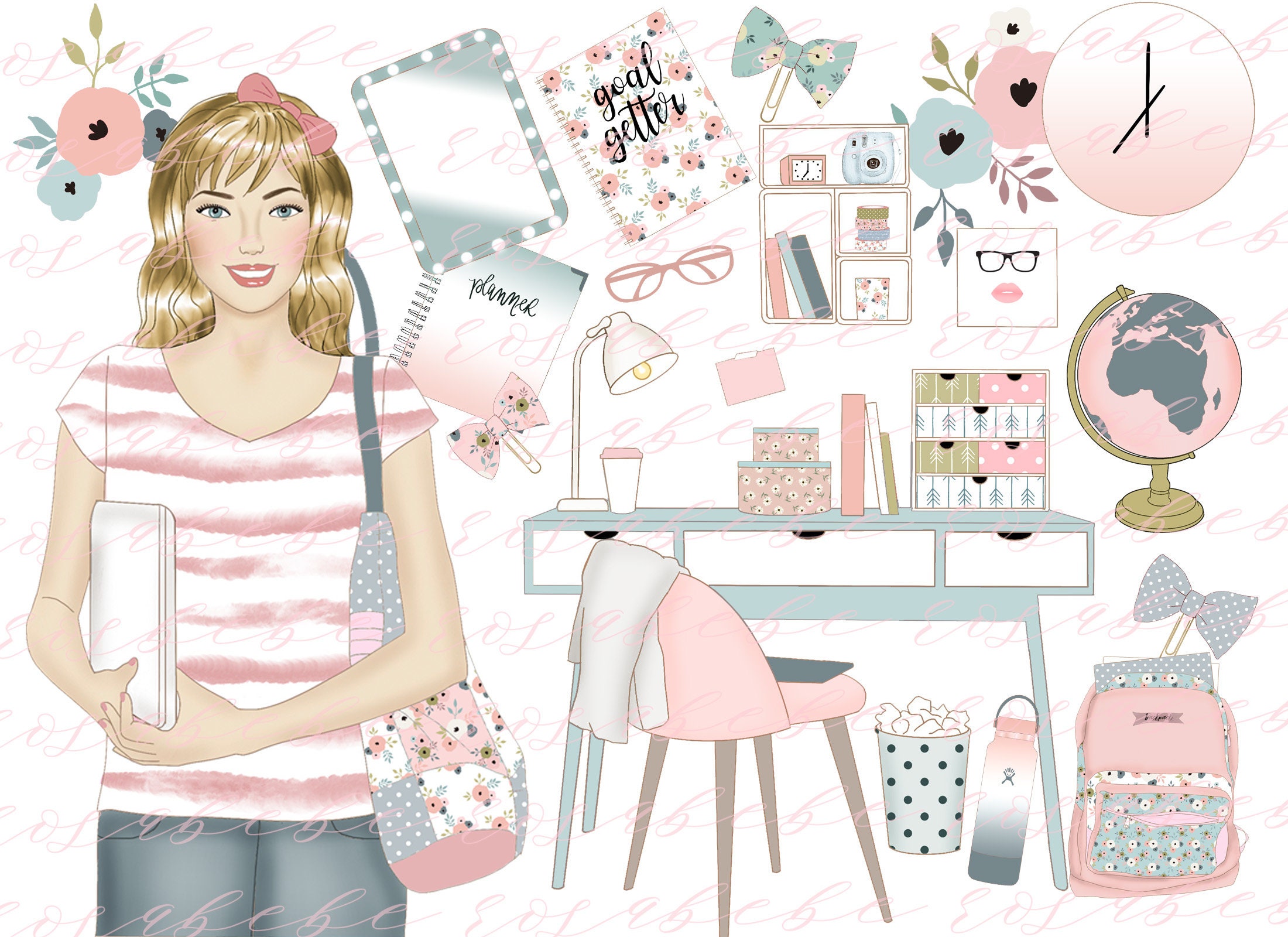 Girly School Clipart PNG Set – Pink Bow, Teacher Supplies (printable ...