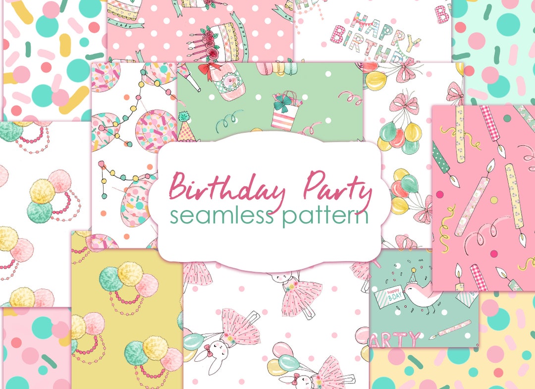 Birthday Digital Papers - Pink Party, Girly, Pastels, Cute Seamless ...