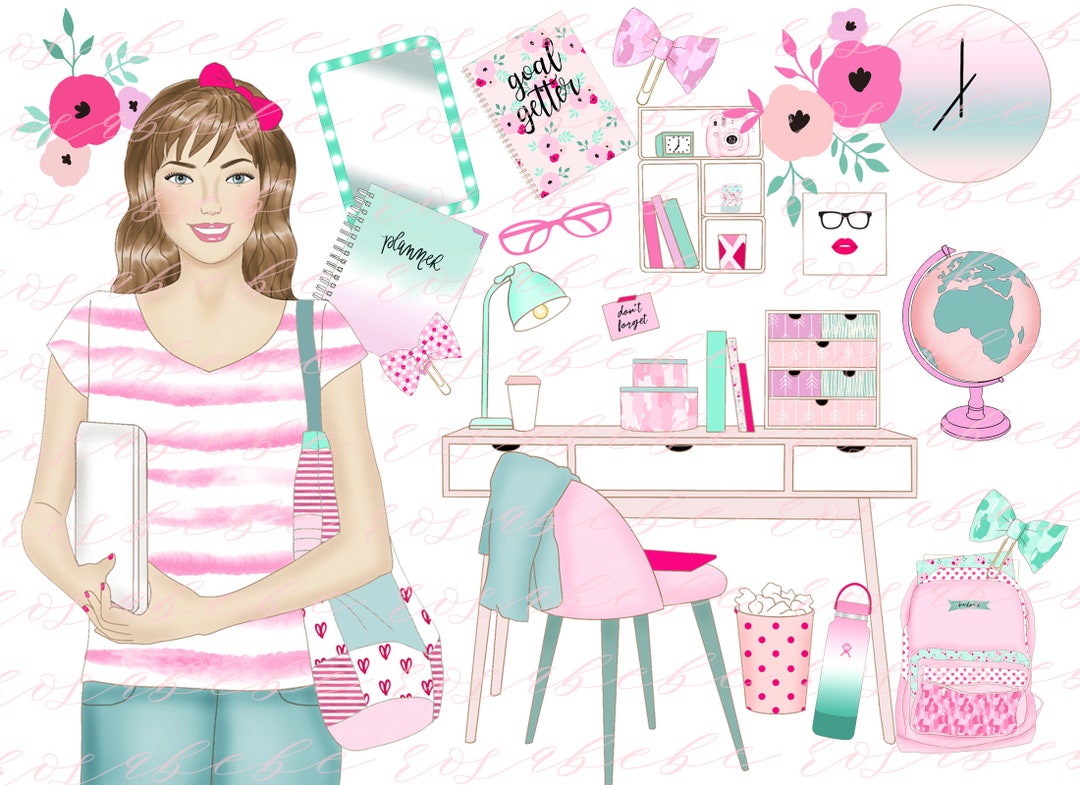 Pink School Supplies Clipart Set – Girly Planner Graphics (PNG) - Etsy