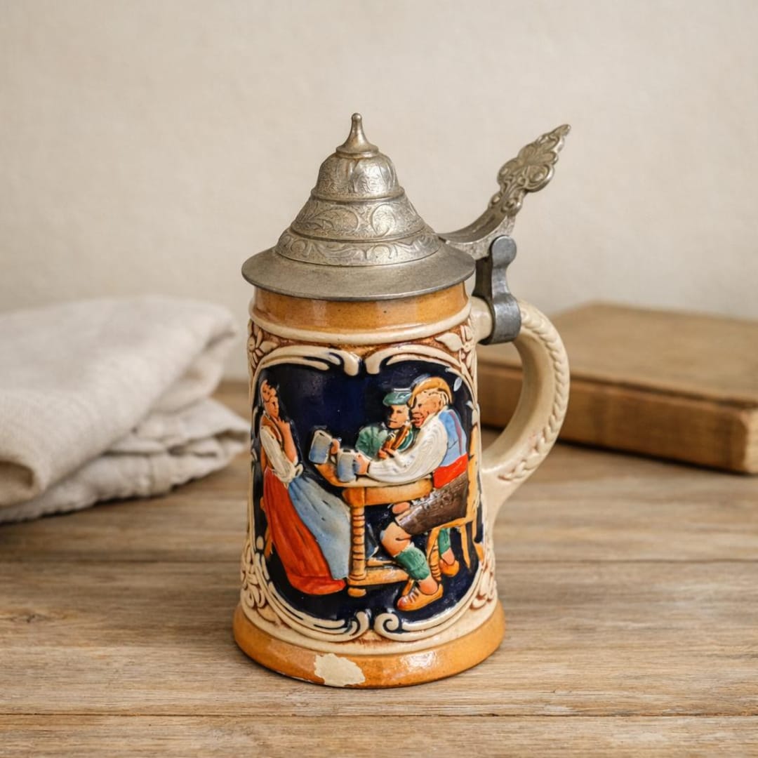 Vintage German Beer Stein Pewter Lid Small Tavern Scene Made in Germany ...