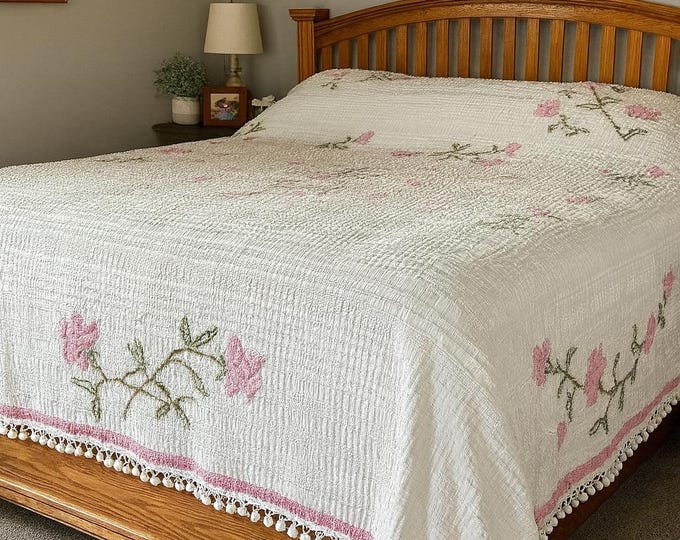 Vintage Chenille Bedspread – Pink Floral Tufted With Pom-pom Trim ...