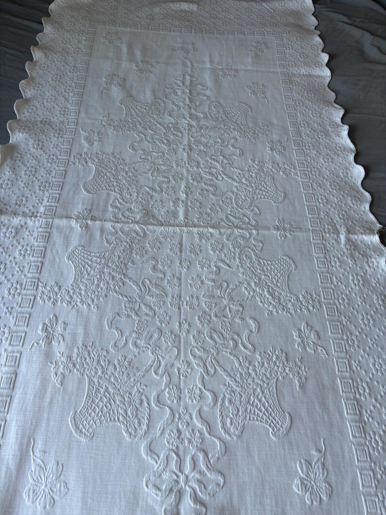 Vintage White Linen Damask Table Runner 80” X 31.5” | Floral Jacquard ...