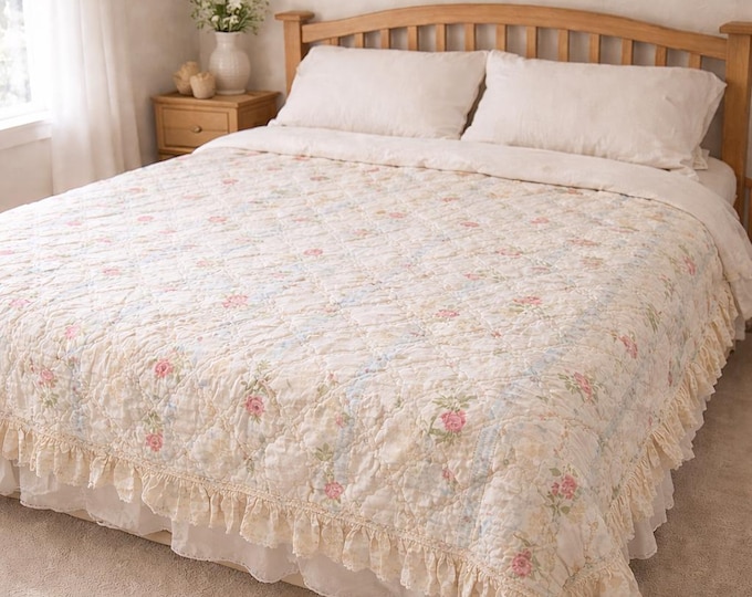 Vintage Floral Ruffled Quilt / Bedspread – Queen Size Cottagecore Roses ...