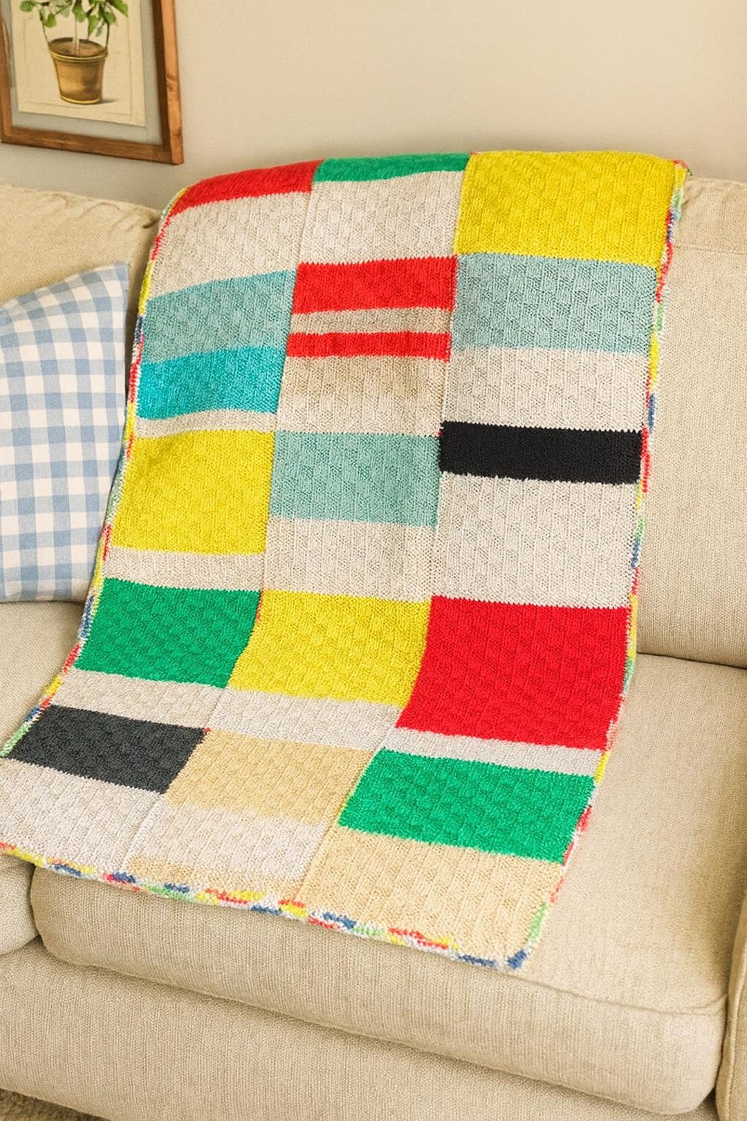 Vintage Hand-knit Patchwork Blanket – Colorful Basketweave Afghan 54 ...