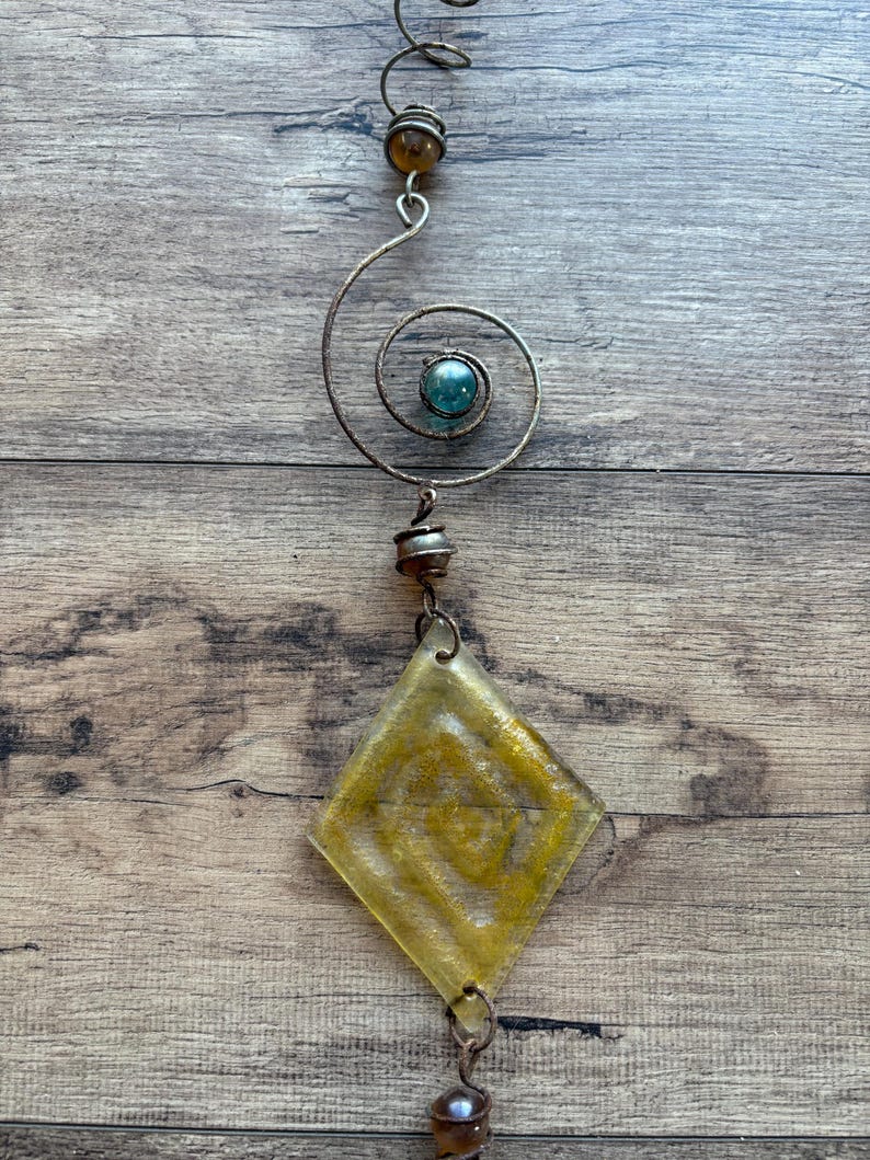 Y2K Glass Wind Chime, 29” Rustic Boho Wind Charm, Amber & Teal Art ...
