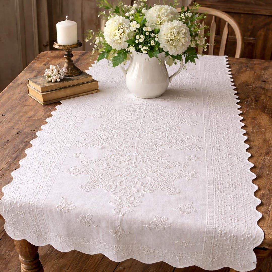 Vintage White Linen Damask Table Runner 80” X 31.5” | Floral Jacquard ...